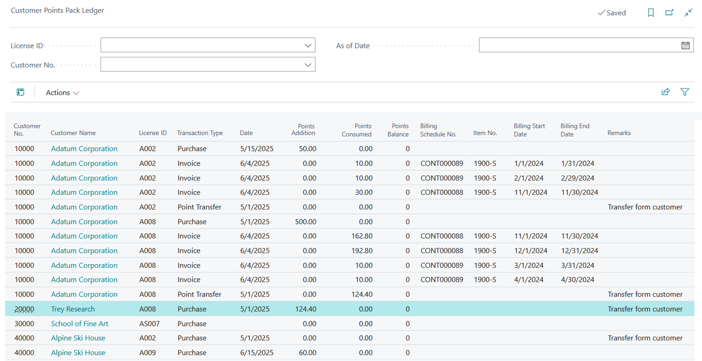 Customer Point Pack Ledger